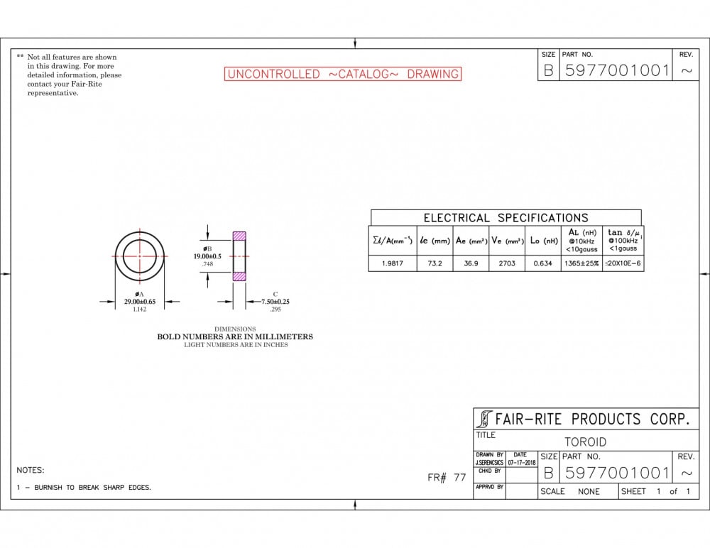 Fair-Rite 5977001001 technical document preview
