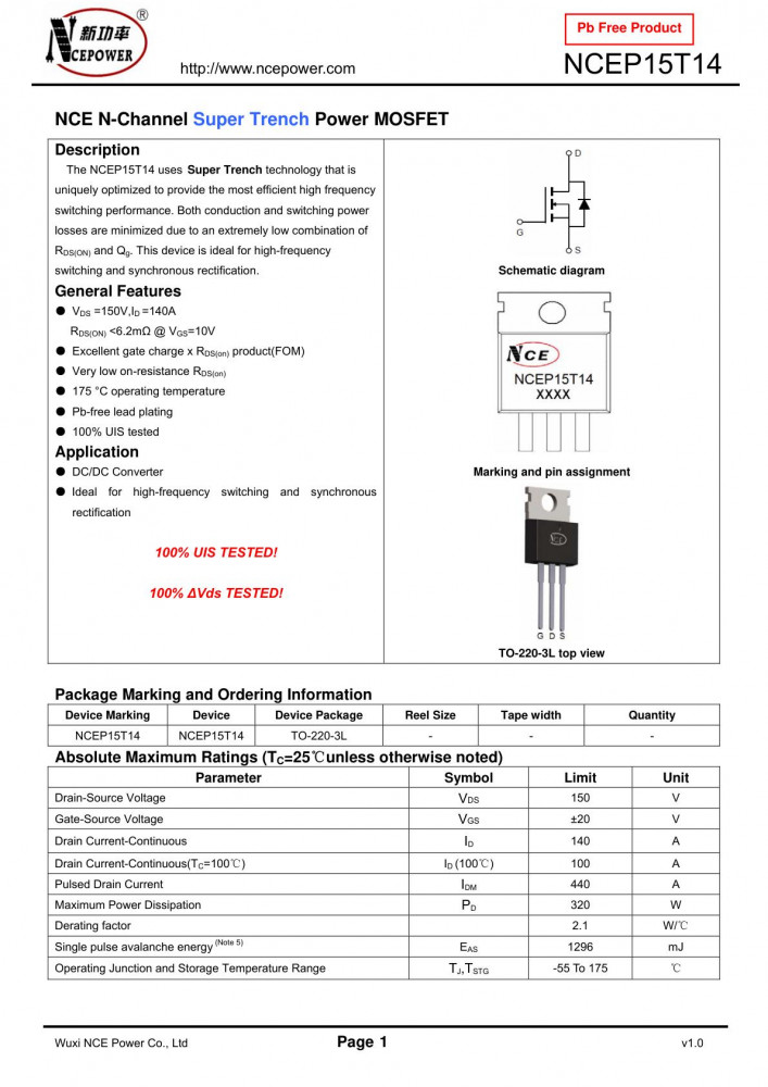 NCEP15T14 datasheet page 1