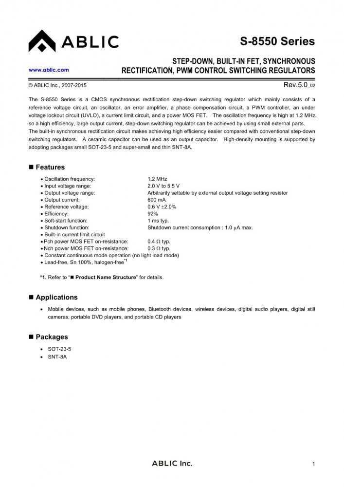 S-8550 Series datasheet page 1