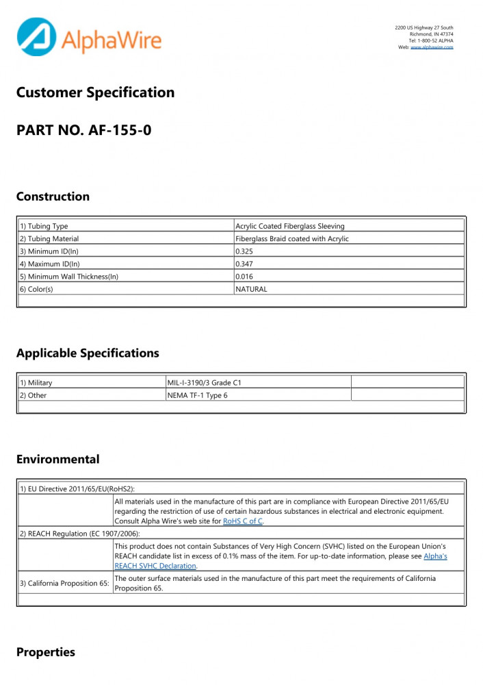 AF-155-0 technical specification page 1