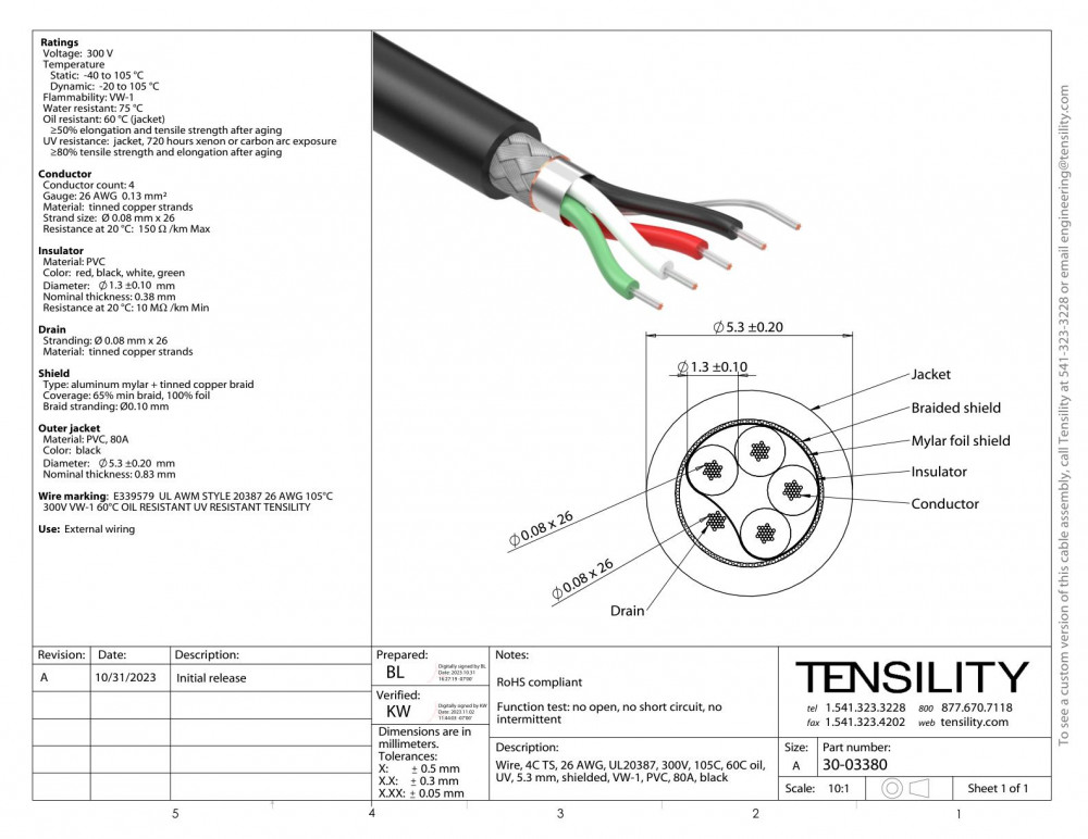 Tensility International 30-03380 cable product drawing