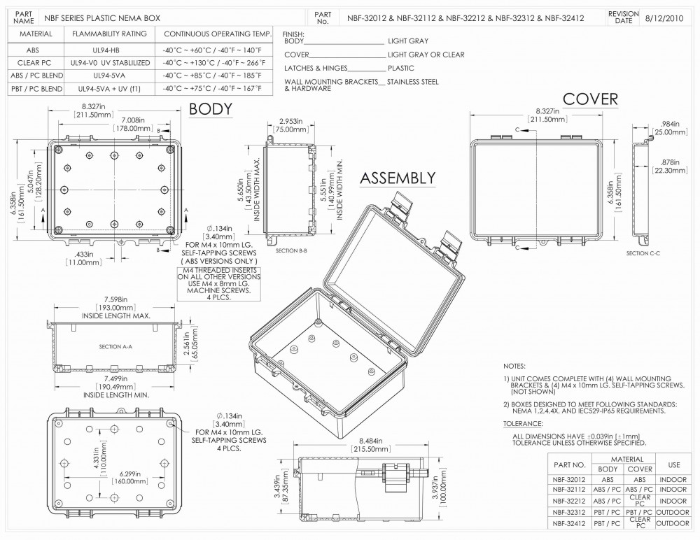 Bud Industries NBF Series enclosure product drawing page