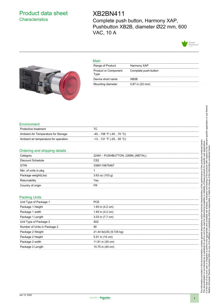 XB2BN411 technical documentation page 1