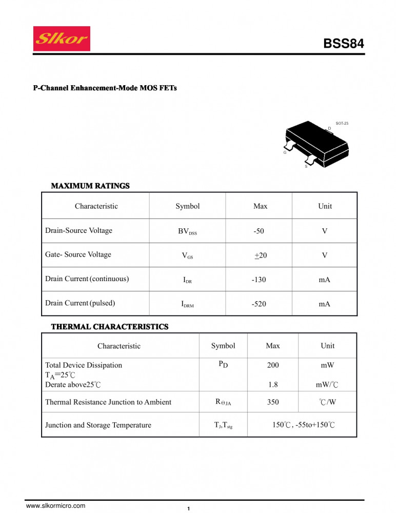SLKOR BSS84 datasheet page 1