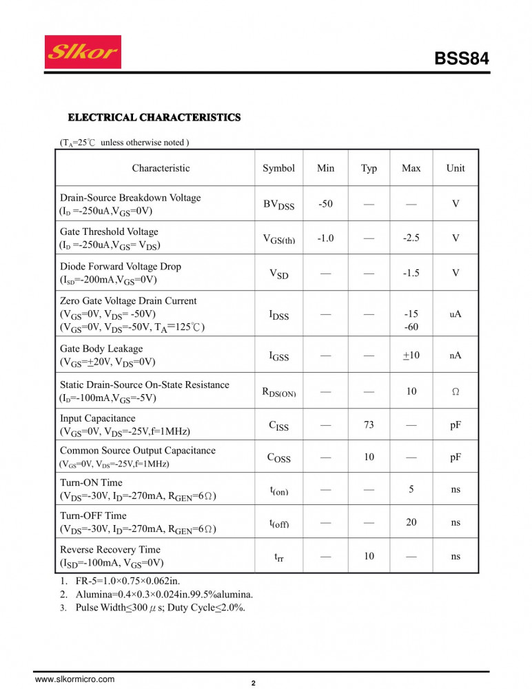 SLKOR BSS84 datasheet page 2