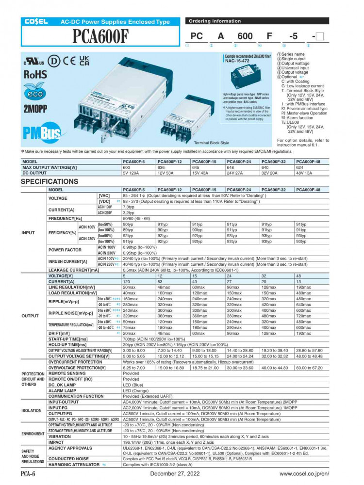 Cosel PCA series document page 6
