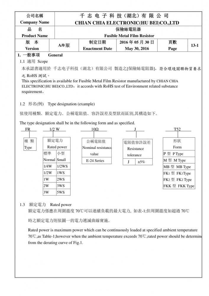 CCO fusible metal film resistor document page 2