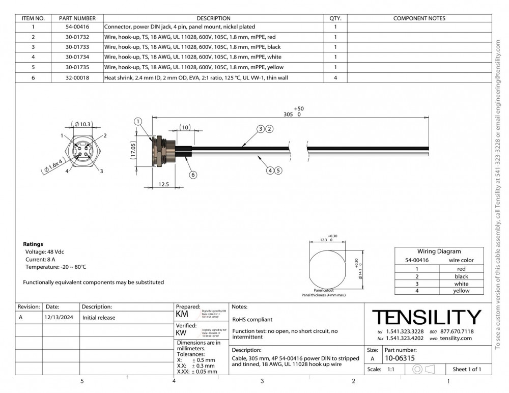 Tensility International 10-06315 product drawing and wiring information