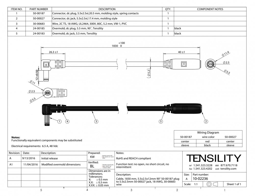 Technical drawing reference for the Tensility International 10-02236 connector cable assembly