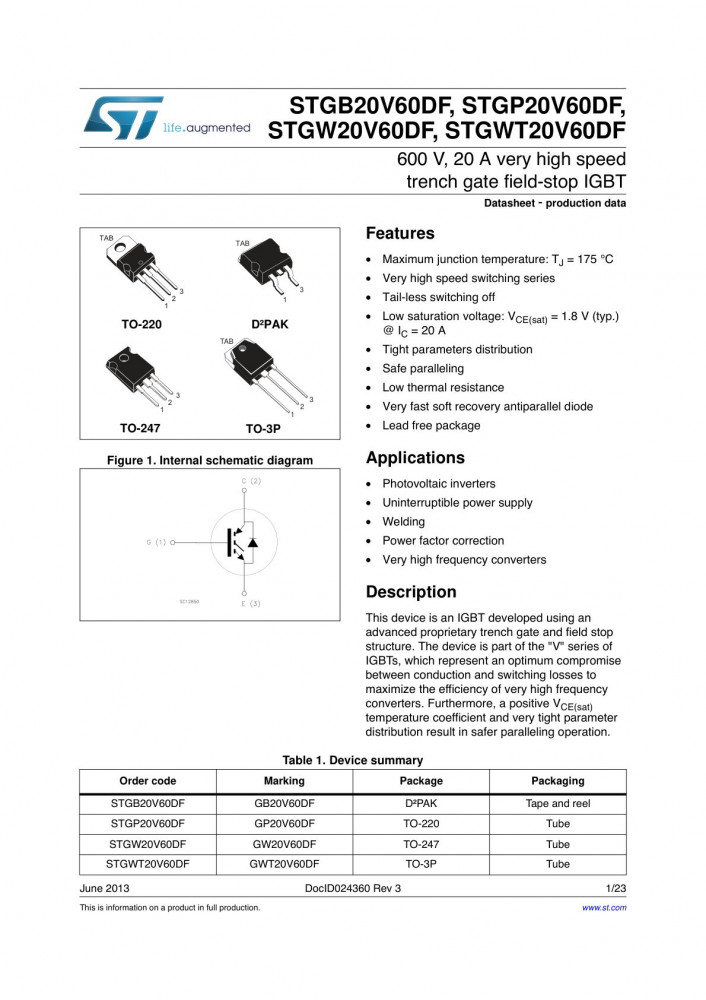 STGW20V60DF datasheet page 1