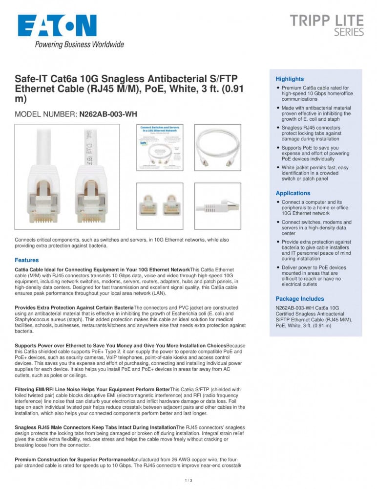 N262AB-003-WH technical document page 1