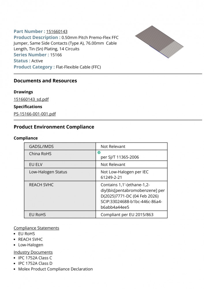 MOLEX 151660143 technical document page 1