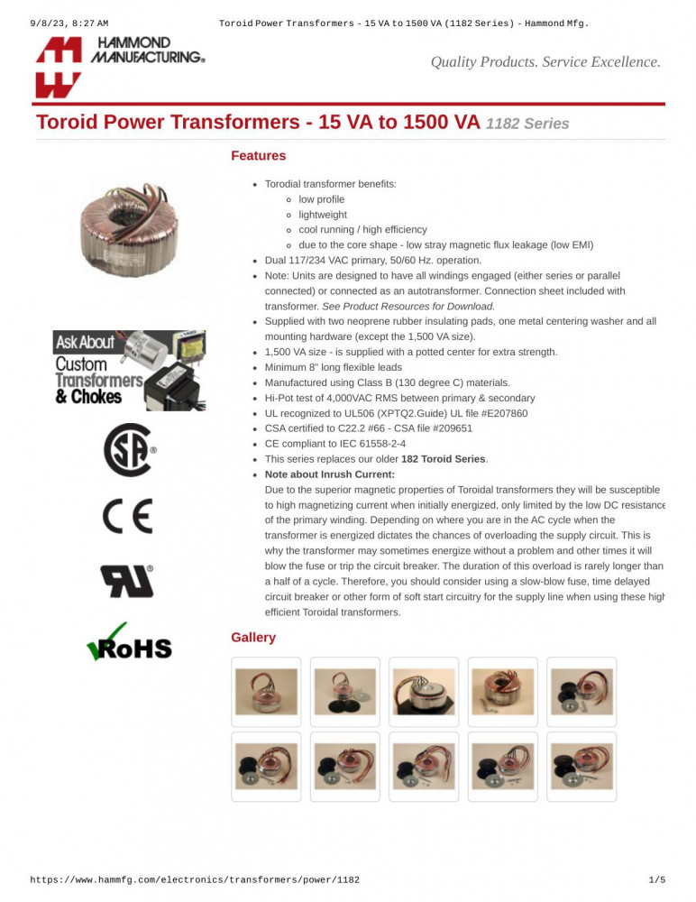Hammond 1182 series document page 1