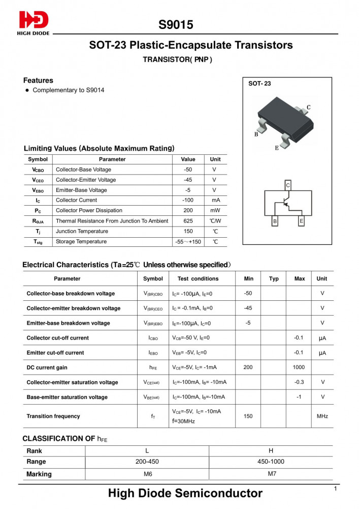 High Diode S9015 datasheet page 1