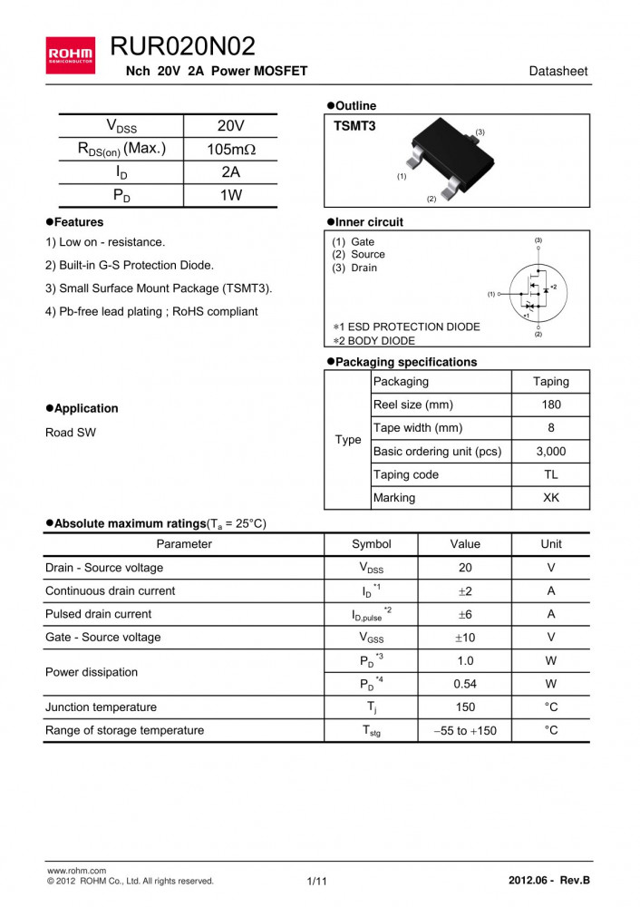 RUR020N02TL technical document page 1