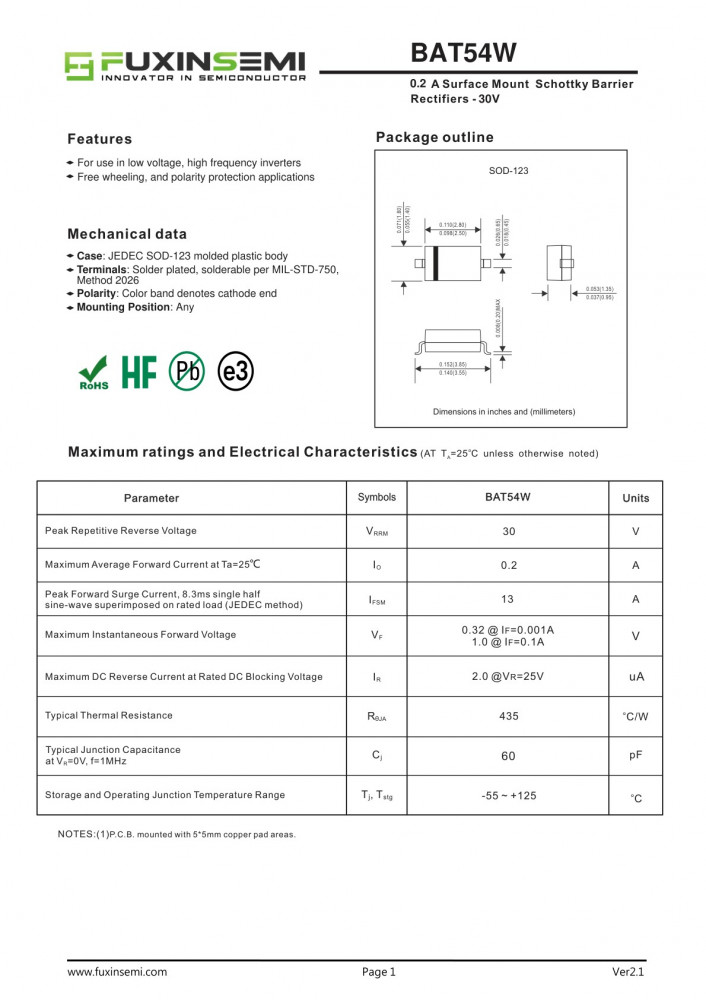 BAT54W datasheet page 1