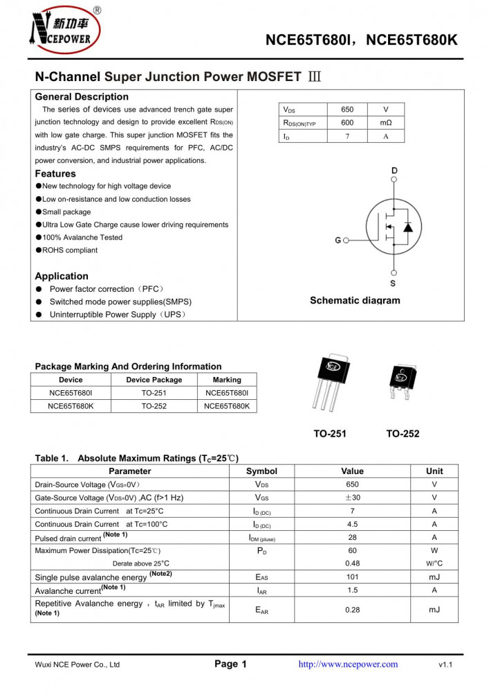 NCE65T680K datasheet page 1