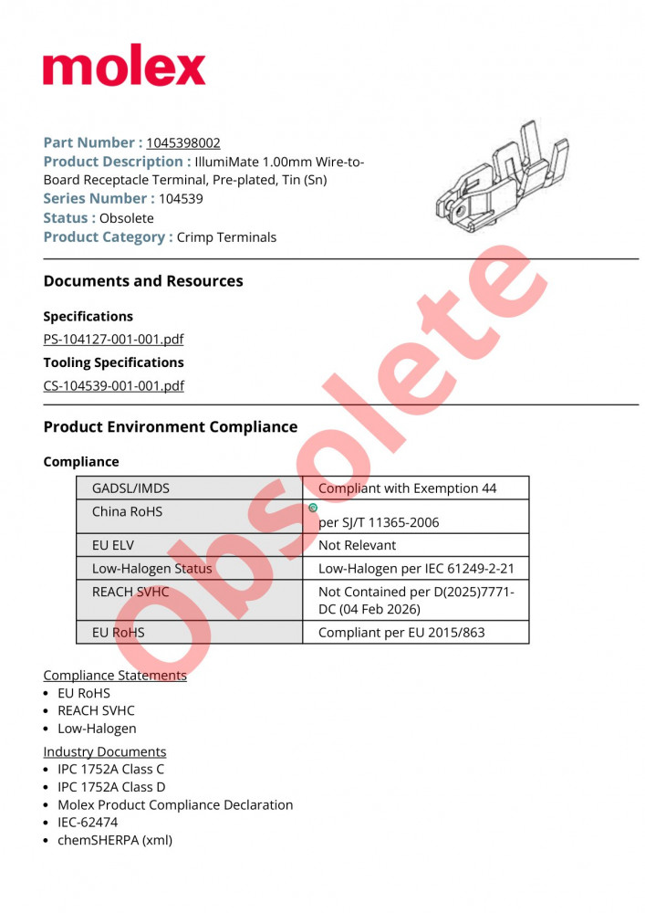 MOLEX 1.0 mm wire-to-board connector specification, page 1