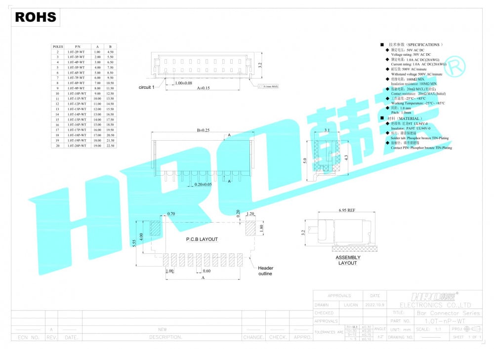 HRO 1.0T-6P-WT Bar Connector Series technical drawing