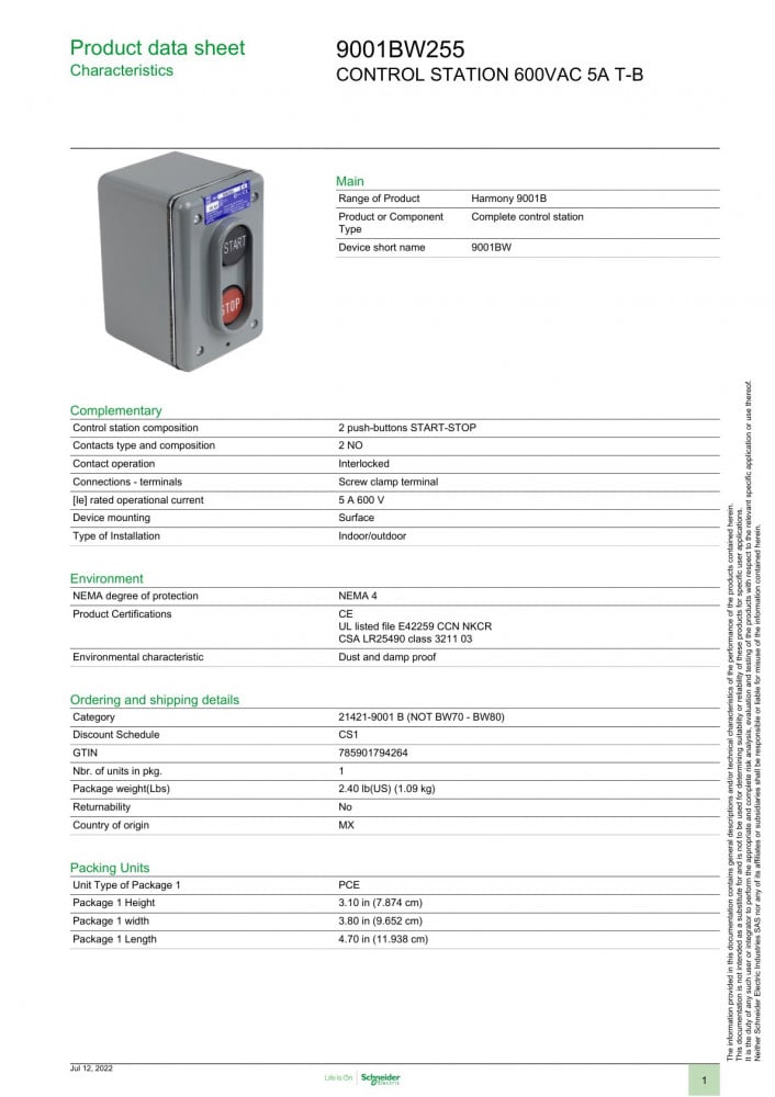 9001BW255 technical document page 1