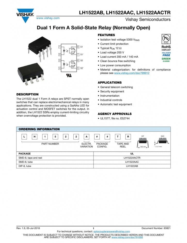 LH1522 datasheet page 1
