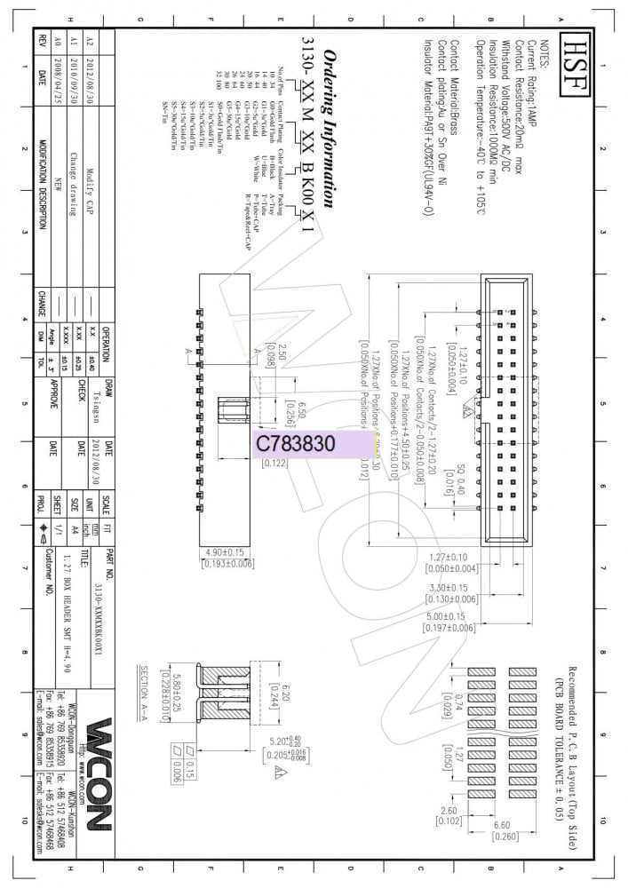 Wcon 3130 series 1.27 mm SMT box header drawing