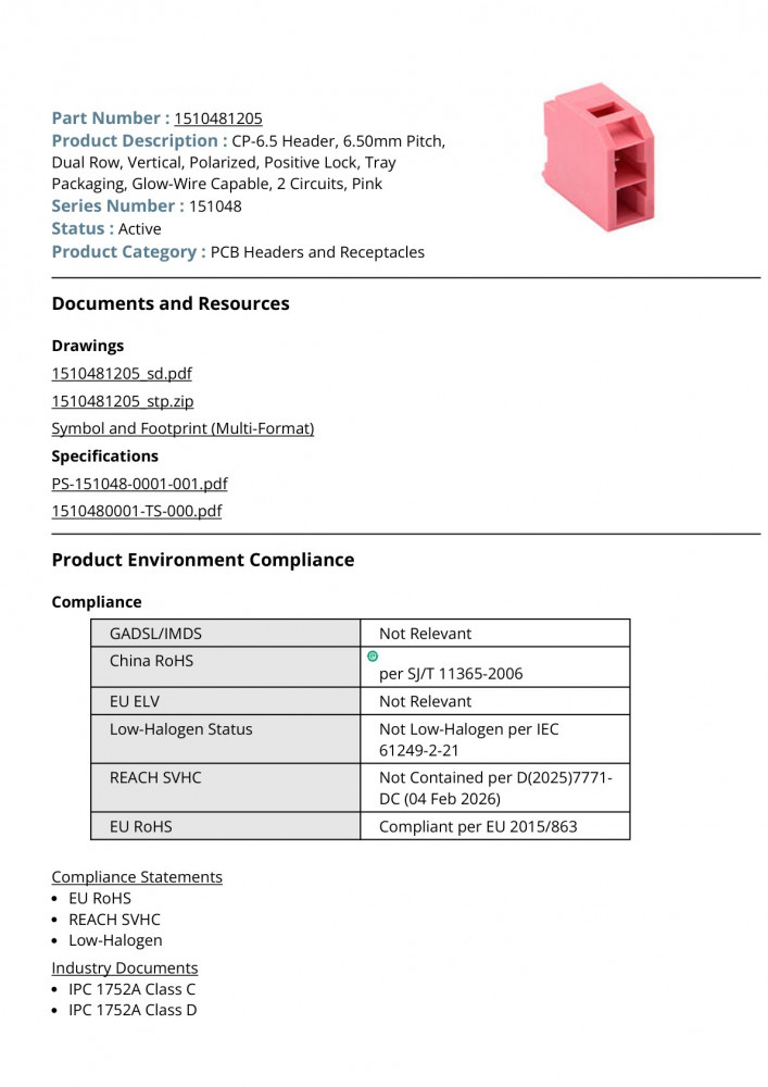 Molex CP 6.5 mm connector specification page 1