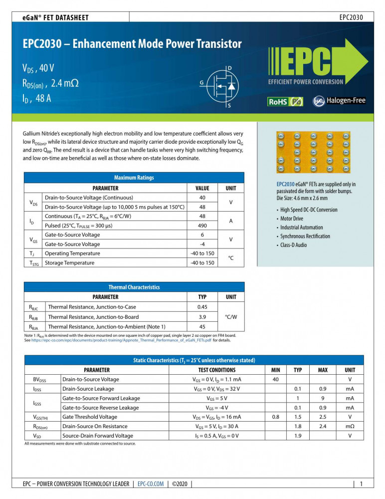 EPC2030 datasheet page 1