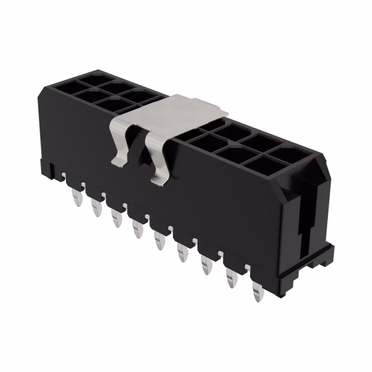 Micro-Fit 3.0 Vertical Header, 3.00mm Pitch, Dual Row, 18 Circuits, with PCB Polarizing Peg, 0.38µm Gold Plating, Glow-Wire Capable, Black, Tape and Reel, with Pick and Place Cap for sale