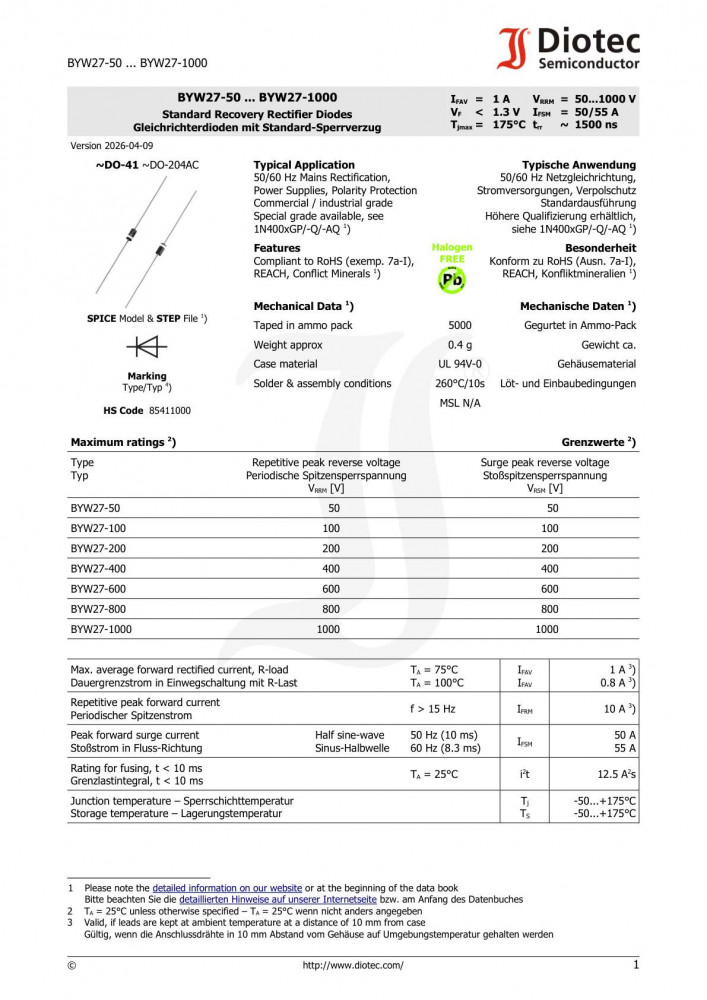 BYW27-800 technical document page 1