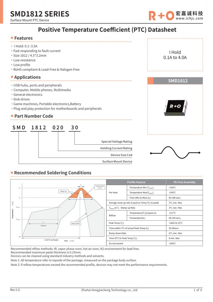R+O SMD1812 PPTC datasheet page 1