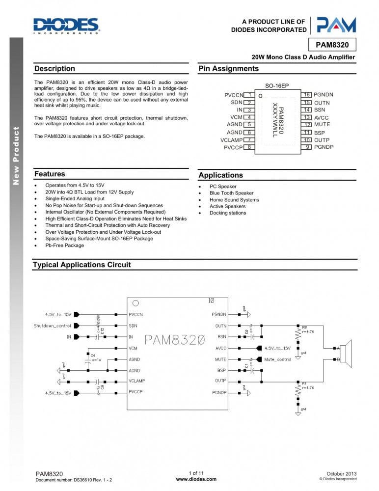 PAM8320RDR datasheet page 1