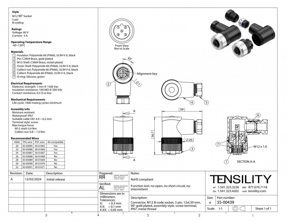 55-00439 M12 B-coded five-pin socket product drawing