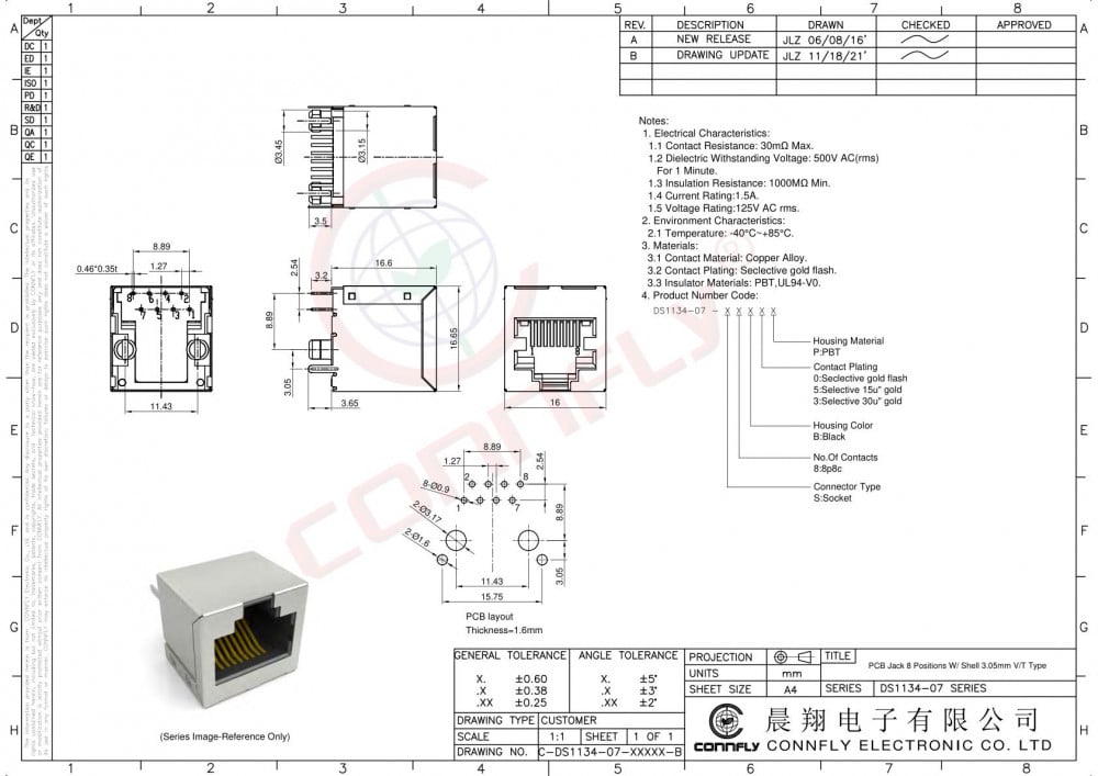 CONNFLY Elec DS1134-07-S8B0P technical document preview