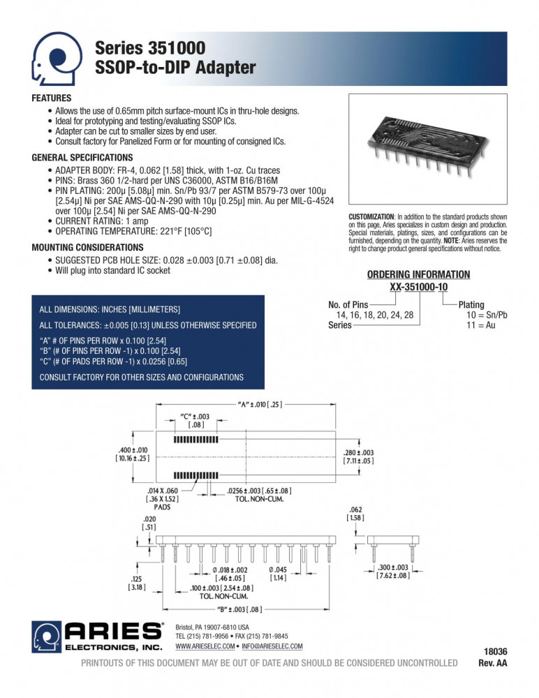 Aries Electronics Series 351000 SSOP-to-DIP adapter documentation