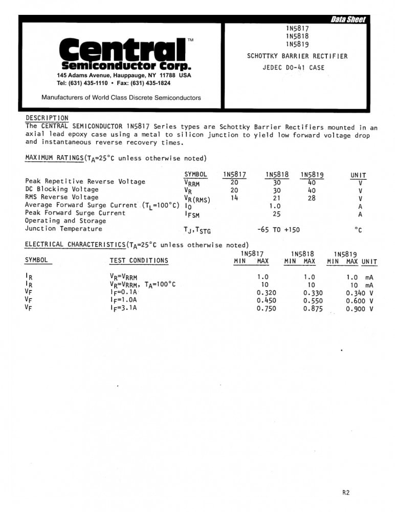 Central 1N5818 series datasheet page 1