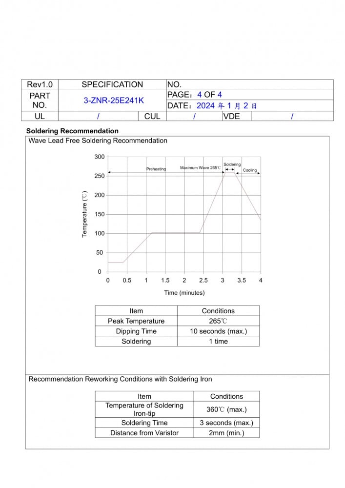 3-ZNR-25E241K soldering recommendation