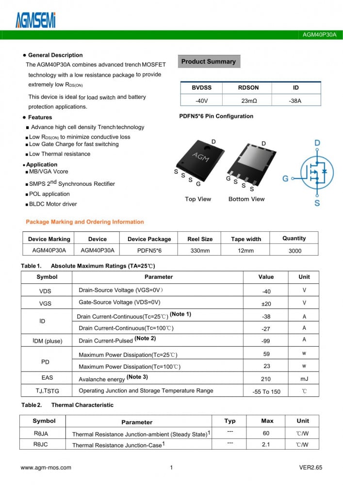 AGM40P30A datasheet page 1