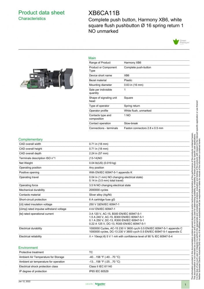 XB6CA11B technical document page 1