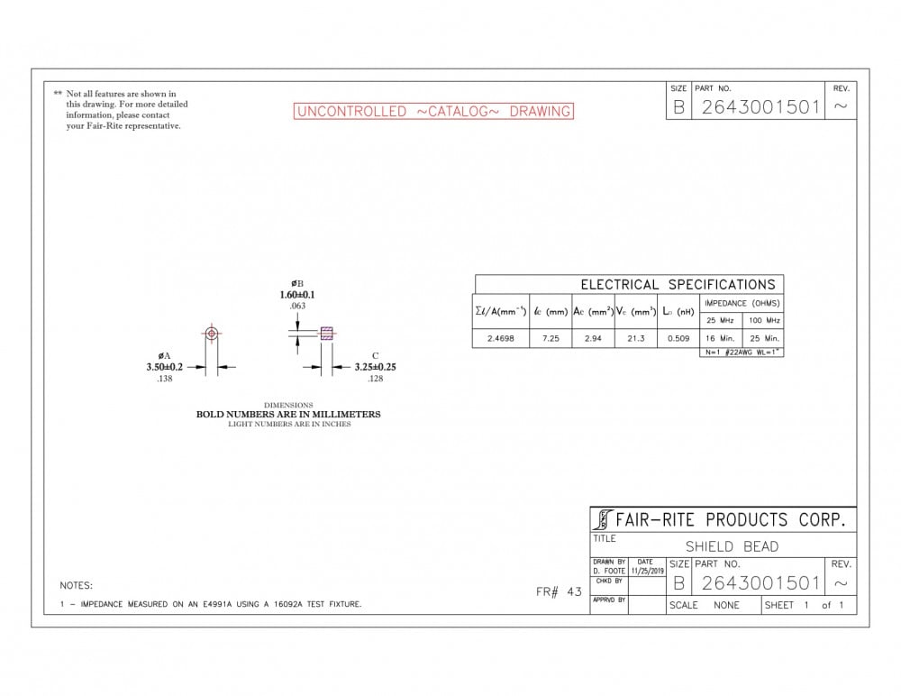 Fair-Rite 2643001501 technical document page