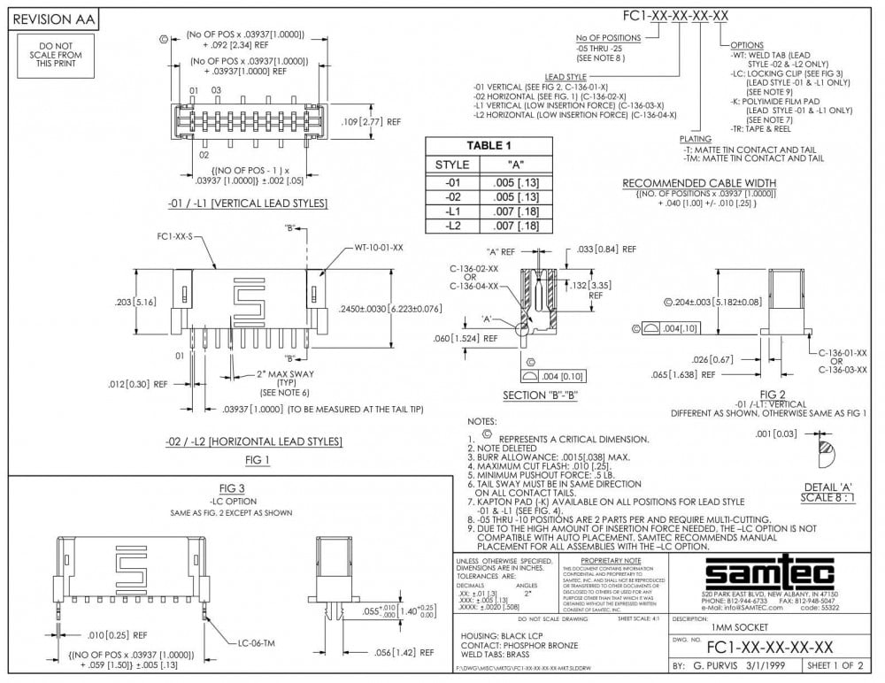 Samtec FC1 series technical document page 1