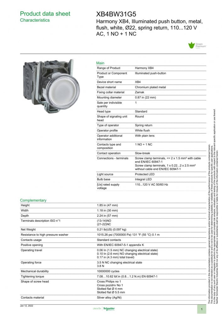 XB4BW31G5 technical document page 1