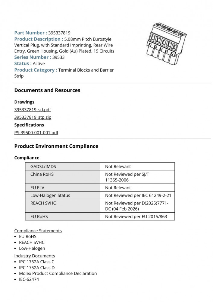 Molex ESE Eurostyle terminal block product specification, page 1