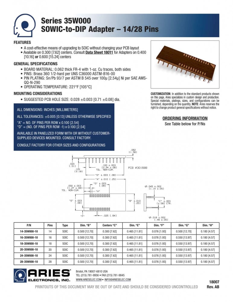 Aries Electronics Series 35W000 SOIC-to-DIP adapter datasheet page