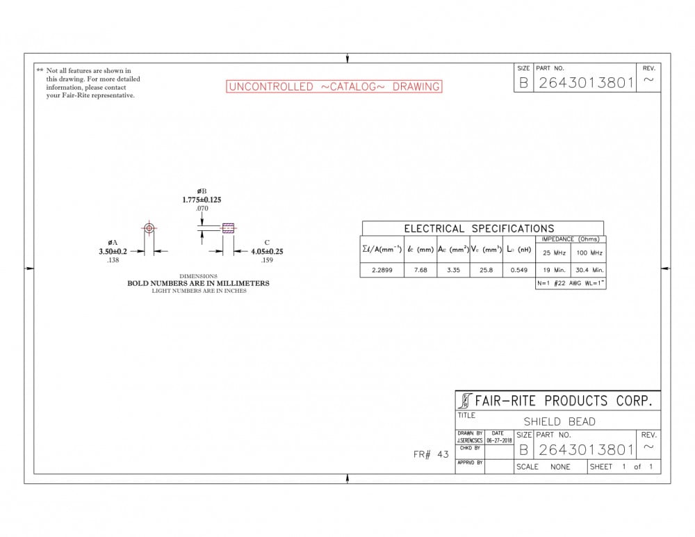 Fair-Rite 2643013801 shield bead drawing preview