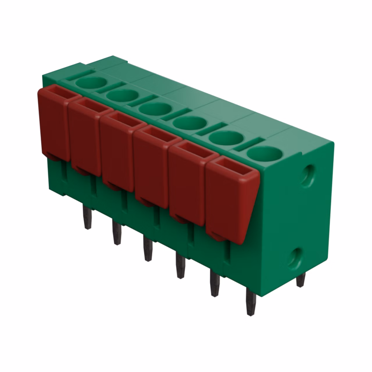 5.00mm Pitch, Eurostyle Fixed-Mount Push-Button Terminal Block, Vertical, 10A, 22-14 AWG, Green, 6 Circuits for sale