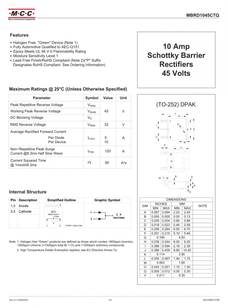 MBRD1045CTQ-TP datasheet page 1