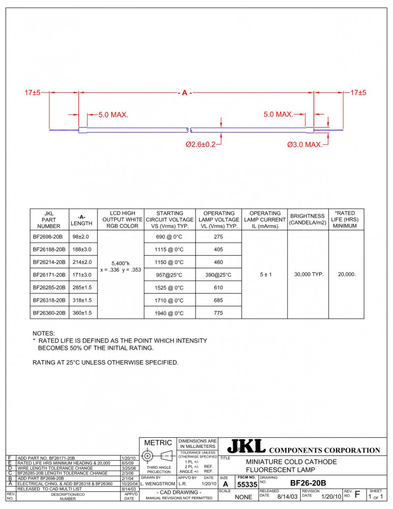 BF26318-20B miniature CCFL lamp technical drawing and specification image