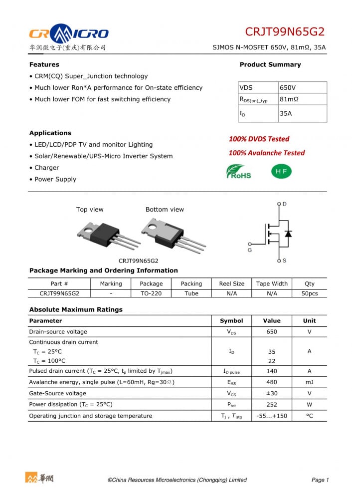 CRJT99N65G2 datasheet page 1