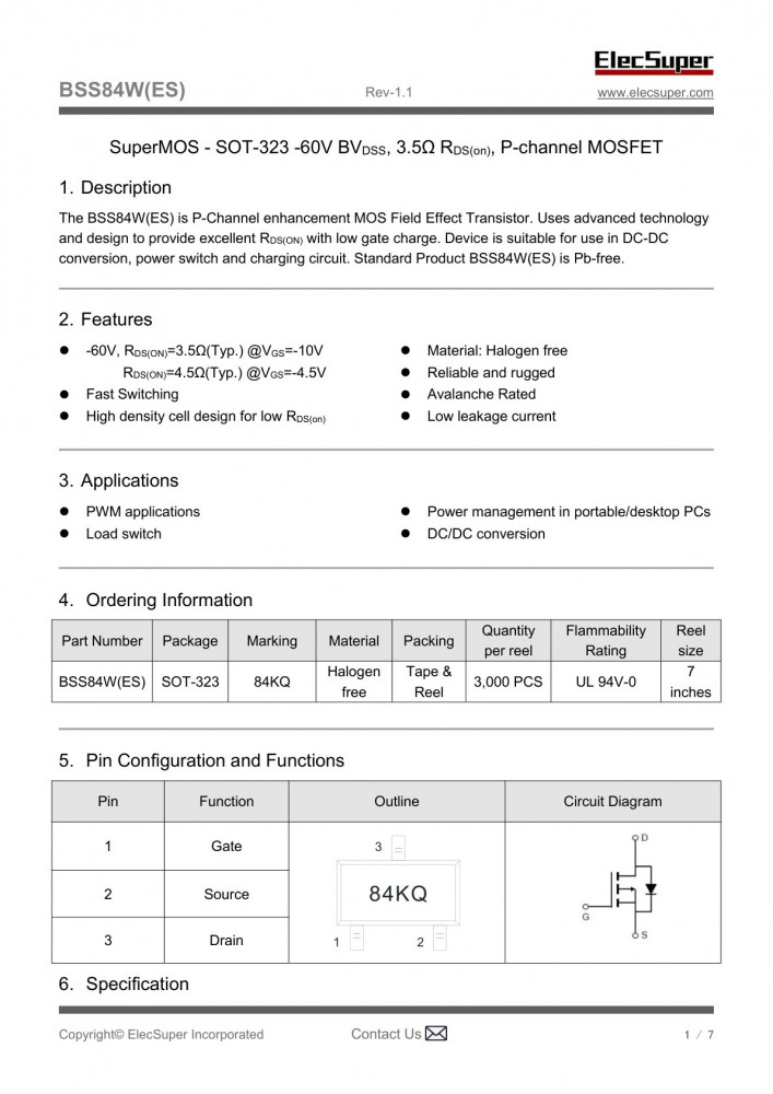 BSS84W(ES) datasheet page 1